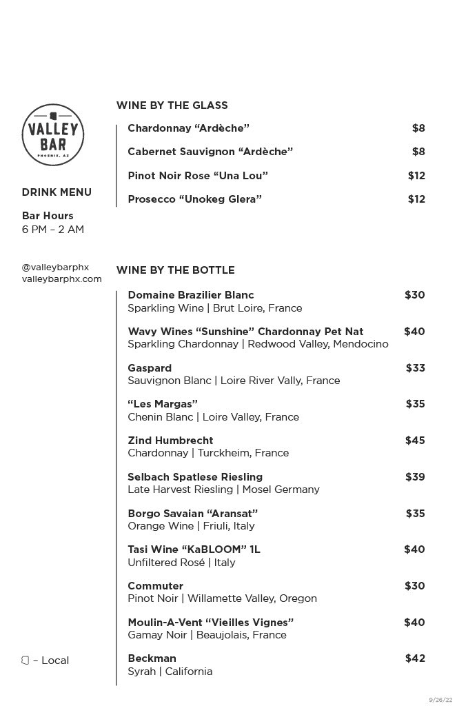 Drink Menu - The Valley Bar PHX